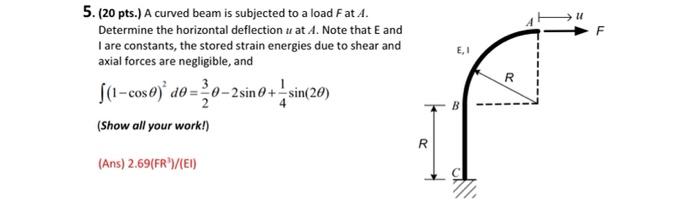 Solved 5. (20 pts.) A curved beam is subjected to a load F | Chegg.com