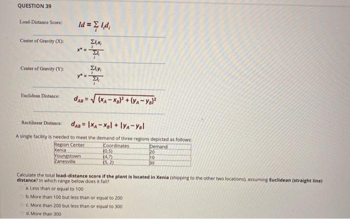 Solved QUESTION 39 Load-Distance Score: Id = { ld Center of | Chegg.com