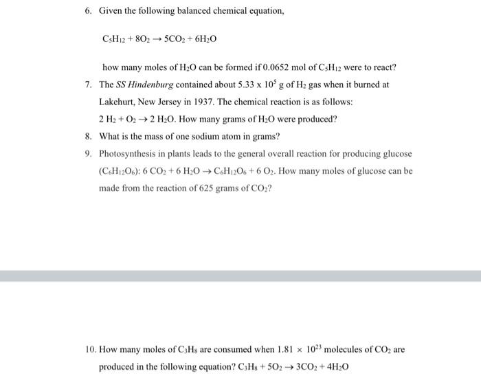Solved 6. Given the following balanced chemical equation, | Chegg.com