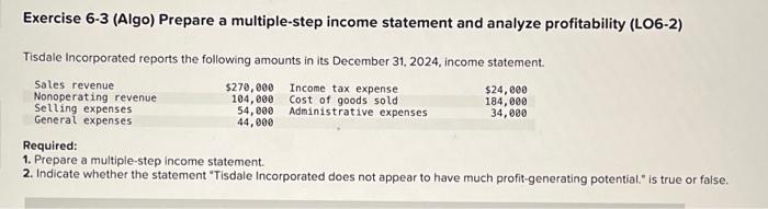 Solved Exercise 6-3 (Algo) Prepare a multiple-step income | Chegg.com