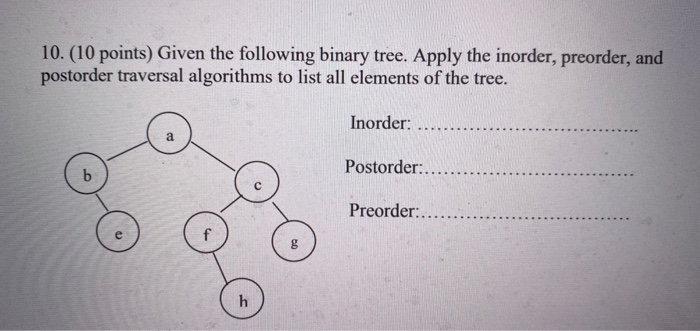 Solved 10. (10 points) Given the following binary tree. | Chegg.com