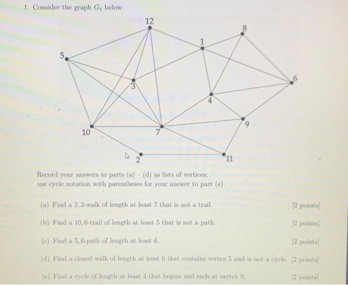 Solved 1. Consider the graph G1 below. Record your answers | Chegg.com