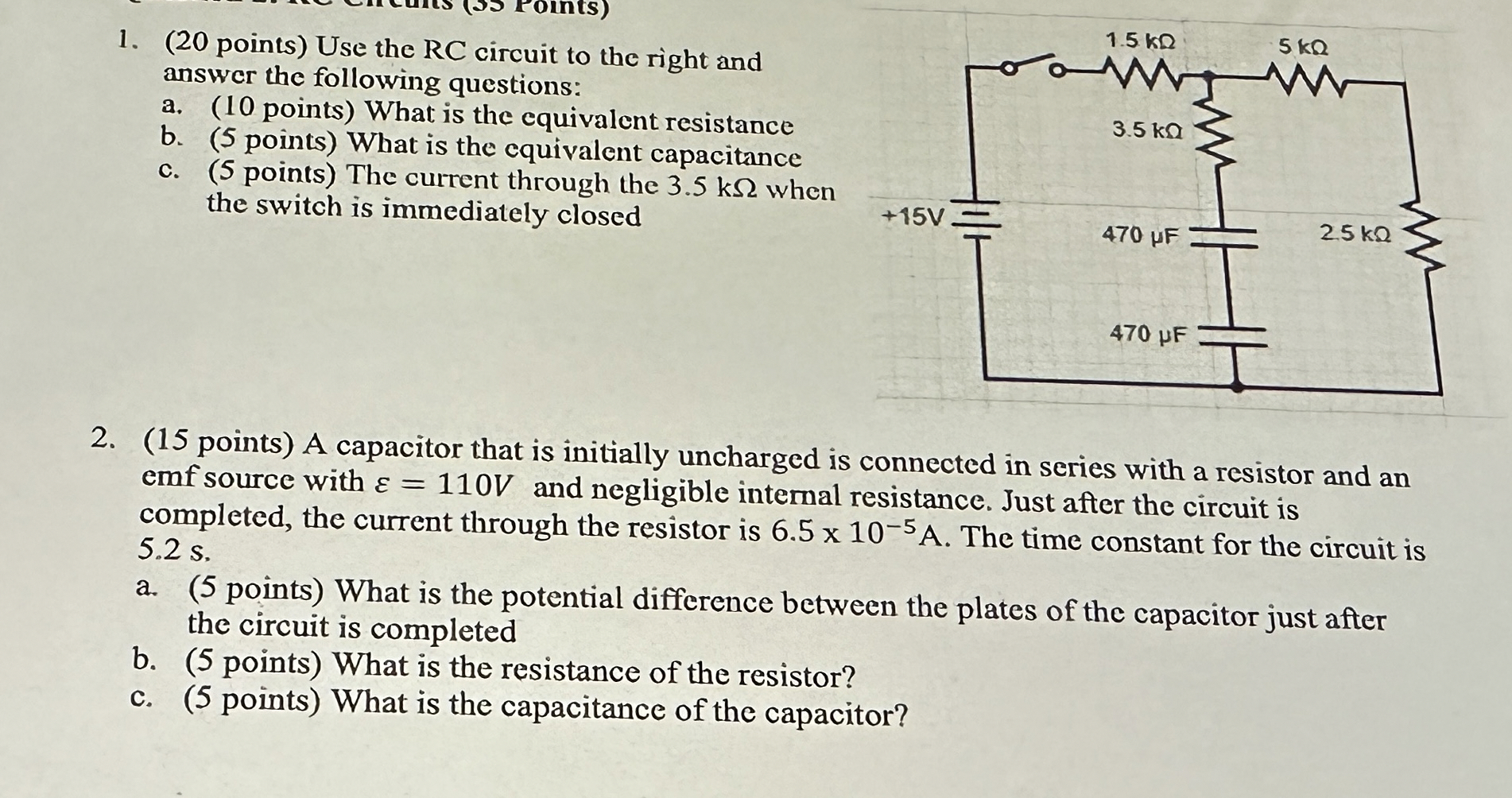 Solved (20 ﻿points) ﻿Use the RC circuit to the right and | Chegg.com