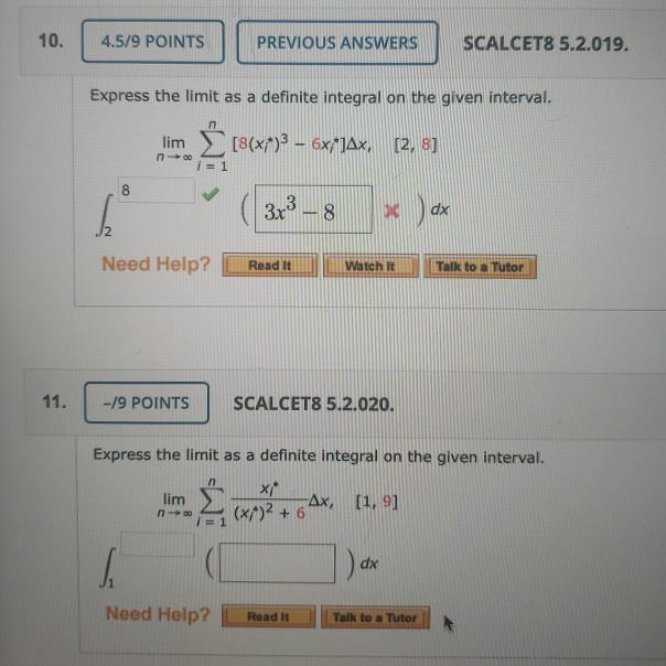 Solved 10. 4.5/9 POINTS PREVIOUS ANSWERS SCALCET8 5.2.019. | Chegg.com