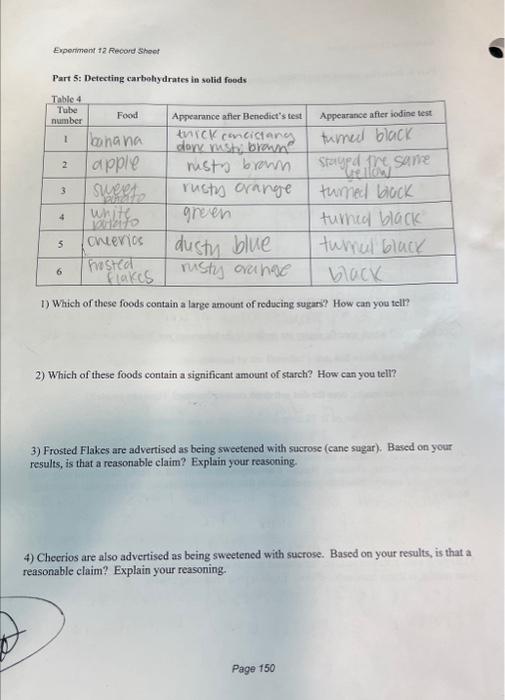 Solved Part 5: Detecting carbohydrates in solid foods 1) | Chegg.com