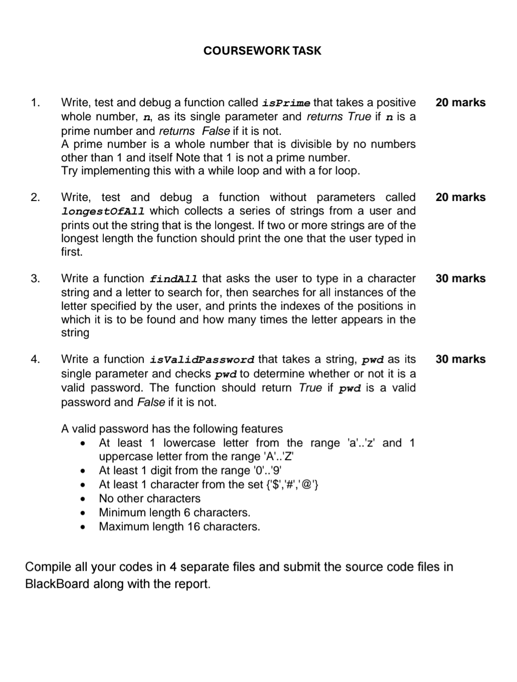 Solved COURSEWORK TASKWrite, test and debug a function | Chegg.com