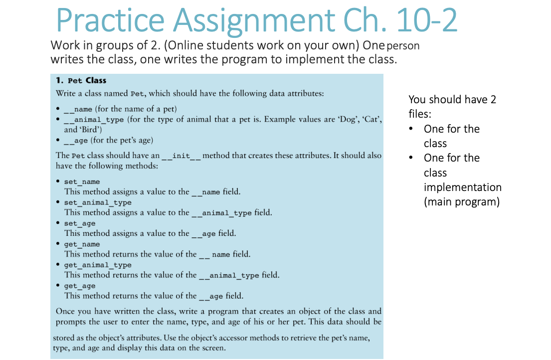 Solved Pet ClassWrite a class named Pet, which should have | Chegg.com