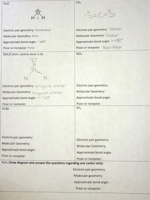 Solved H2O CS2 0 H+H 8=C= 8: Electron pair geometry: | Chegg.com