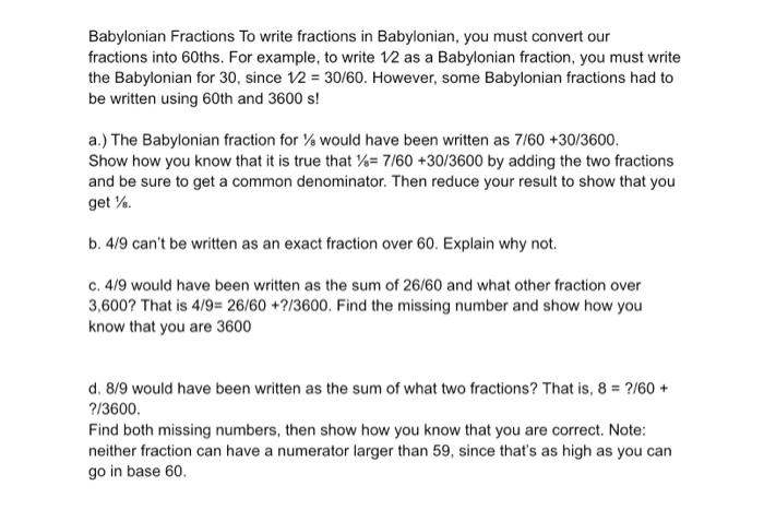 Solved Babylonian Fractions To write fractions in | Chegg.com