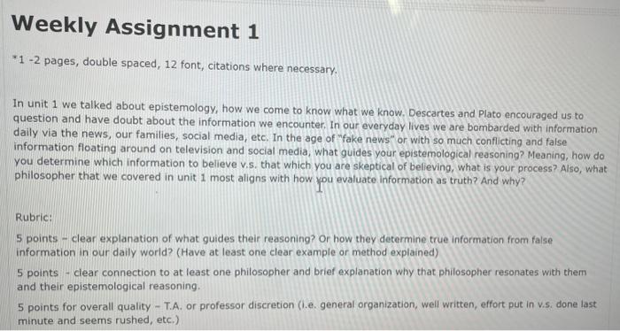 Weekly Assignment 1 *1 -2 pages, double spaced, 12 | Chegg.com