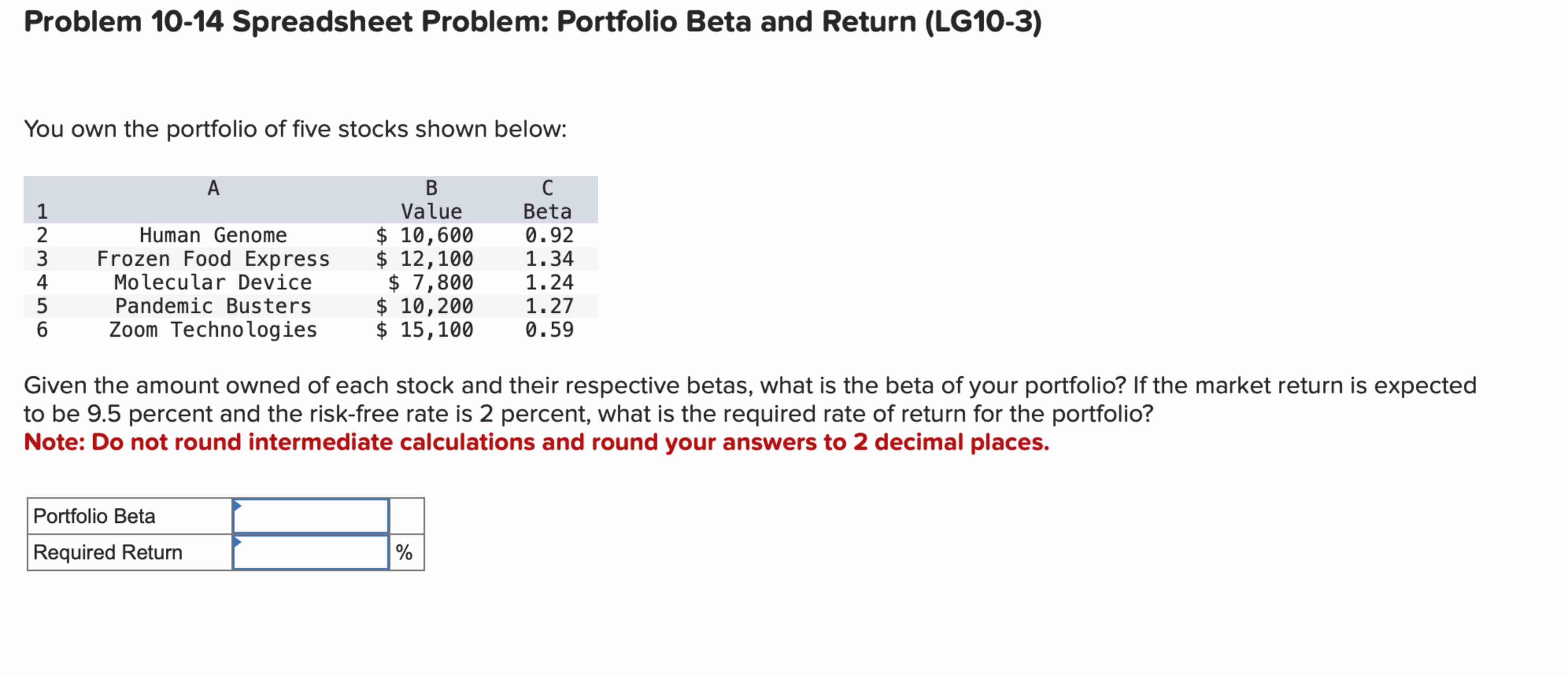 Solved Problem 10-14 ﻿Spreadsheet Problem: Portfolio Beta | Chegg.com