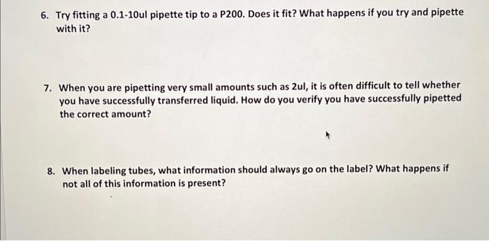 Solved 6. Try fitting a 0.1-10ul pipette tip to a P200. Does | Chegg.com
