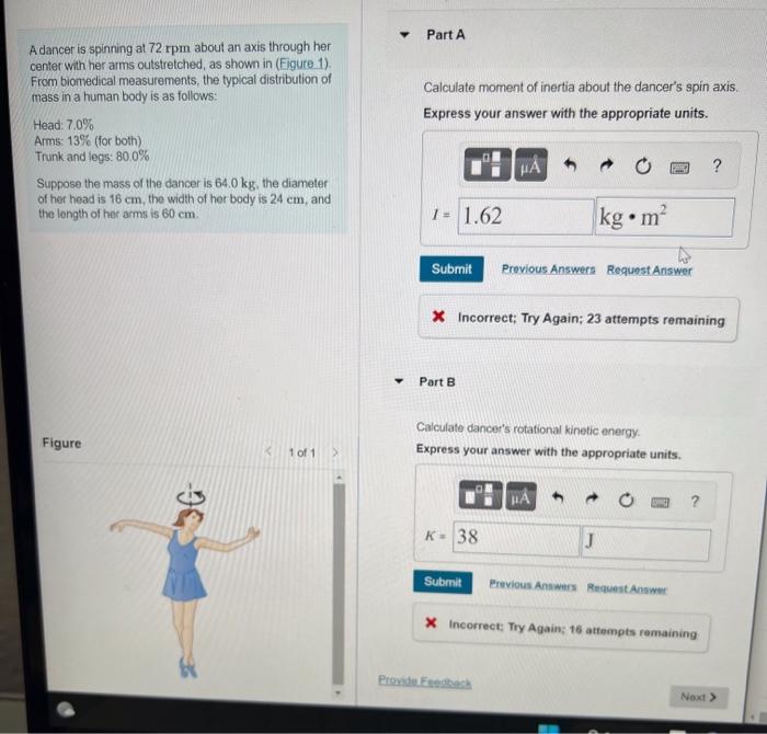 Solved A dancer is spinning at 72rpm about an axis through | Chegg.com