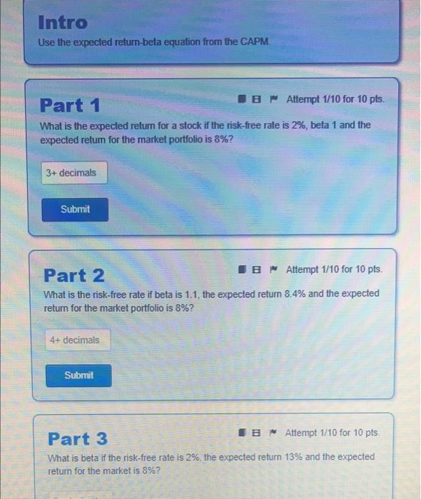 Solved Intro Use the expected return-beta equation from the | Chegg.com