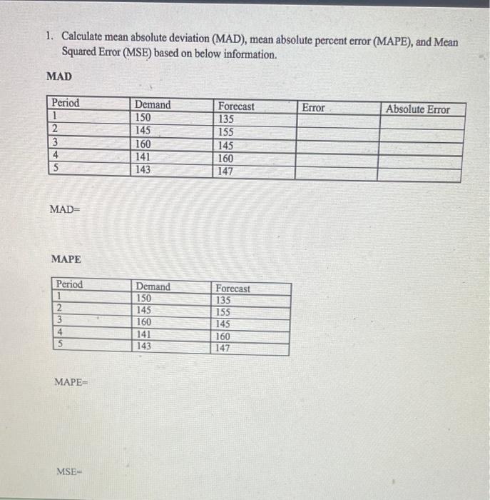 Solved 1. Calculate mean absolute deviation (MAD), mean | Chegg.com