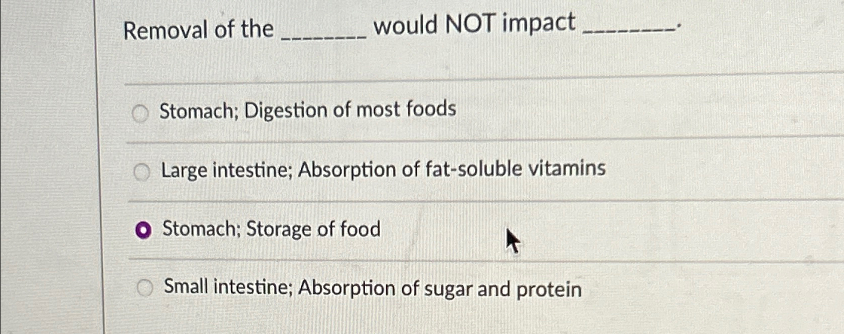 Solved Removal of the ﻿would NOT impactStomach; Digestion | Chegg.com