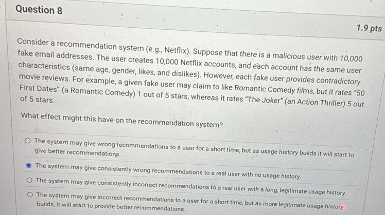 Solved Question 81.9 ﻿ptsConsider a recommendation system | Chegg.com
