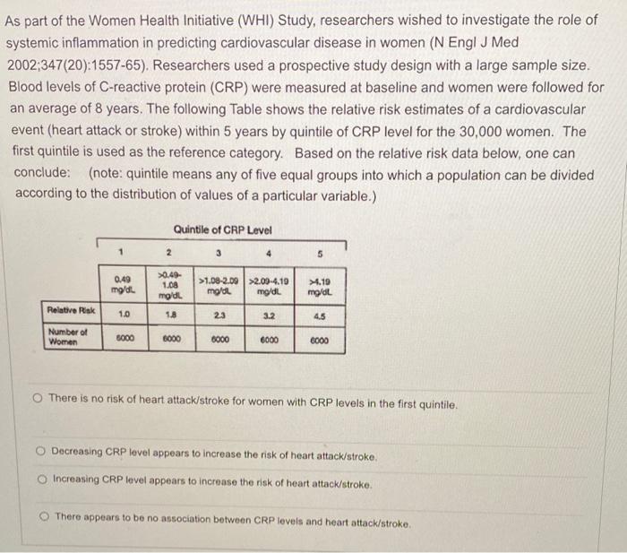 Solved As part of the Women Health Initiative (WHI) Study, | Chegg.com