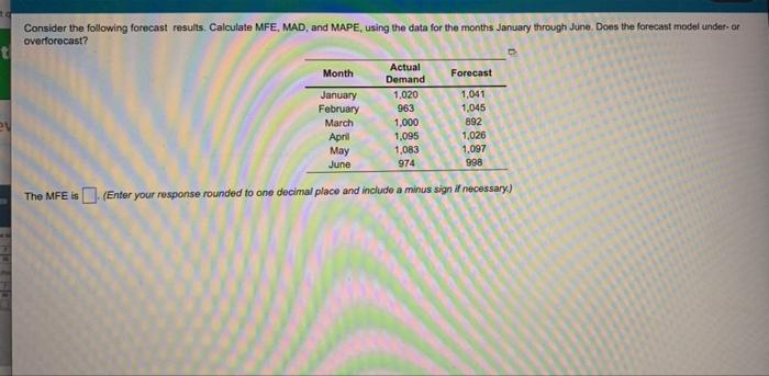 Solved Consider the following forecast results. Calculate | Chegg.com
