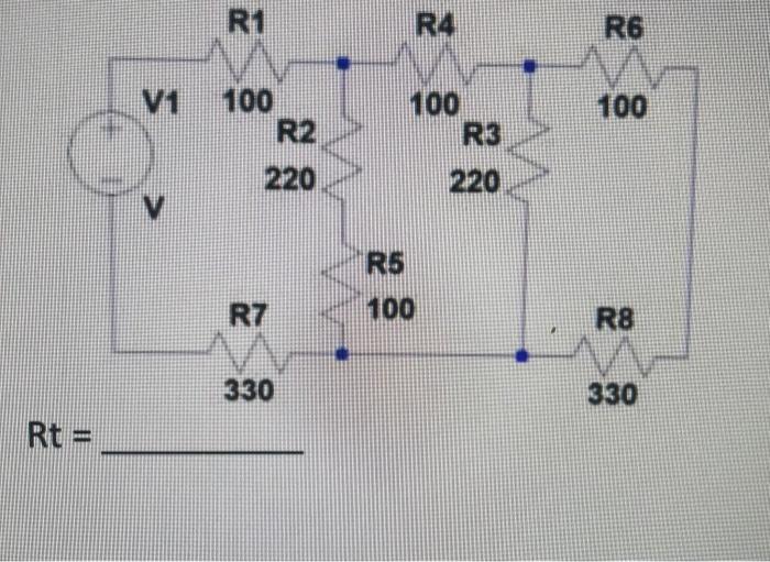 Solved R1 R4 R6 W V1 100 R2 100 100 R3 220 220 v R5 R7 100 | Chegg.com