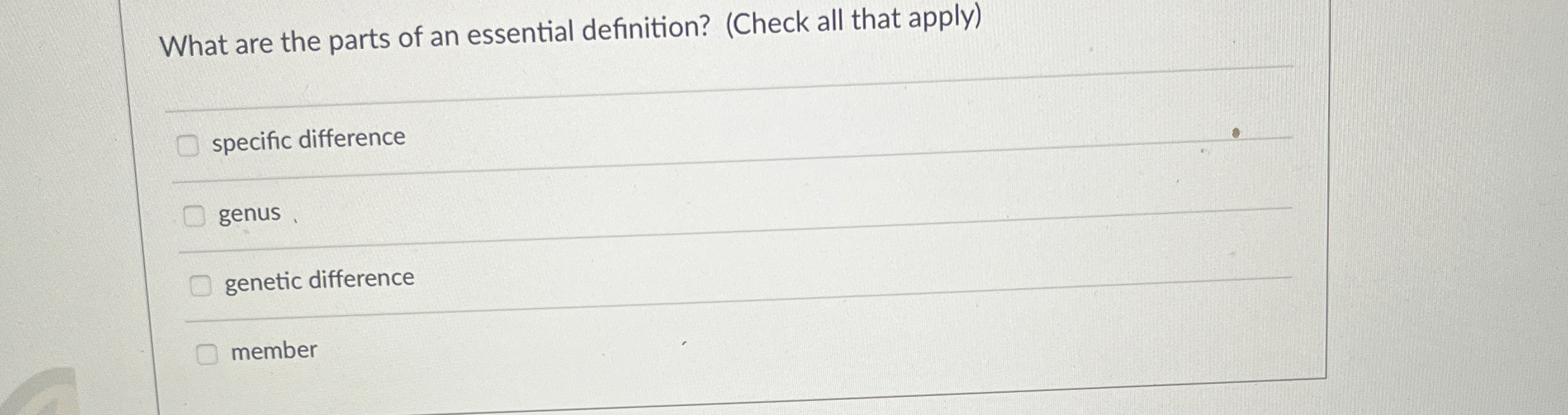 Solved What are the parts of an essential definition? (Check | Chegg.com