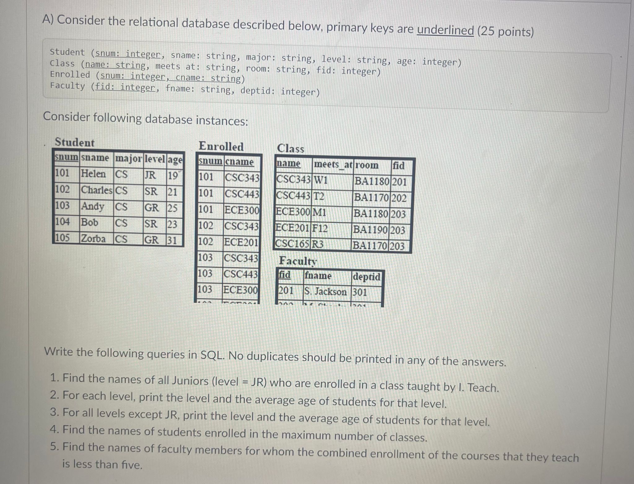 Solved A) ﻿Consider the relational database described below, | Chegg.com