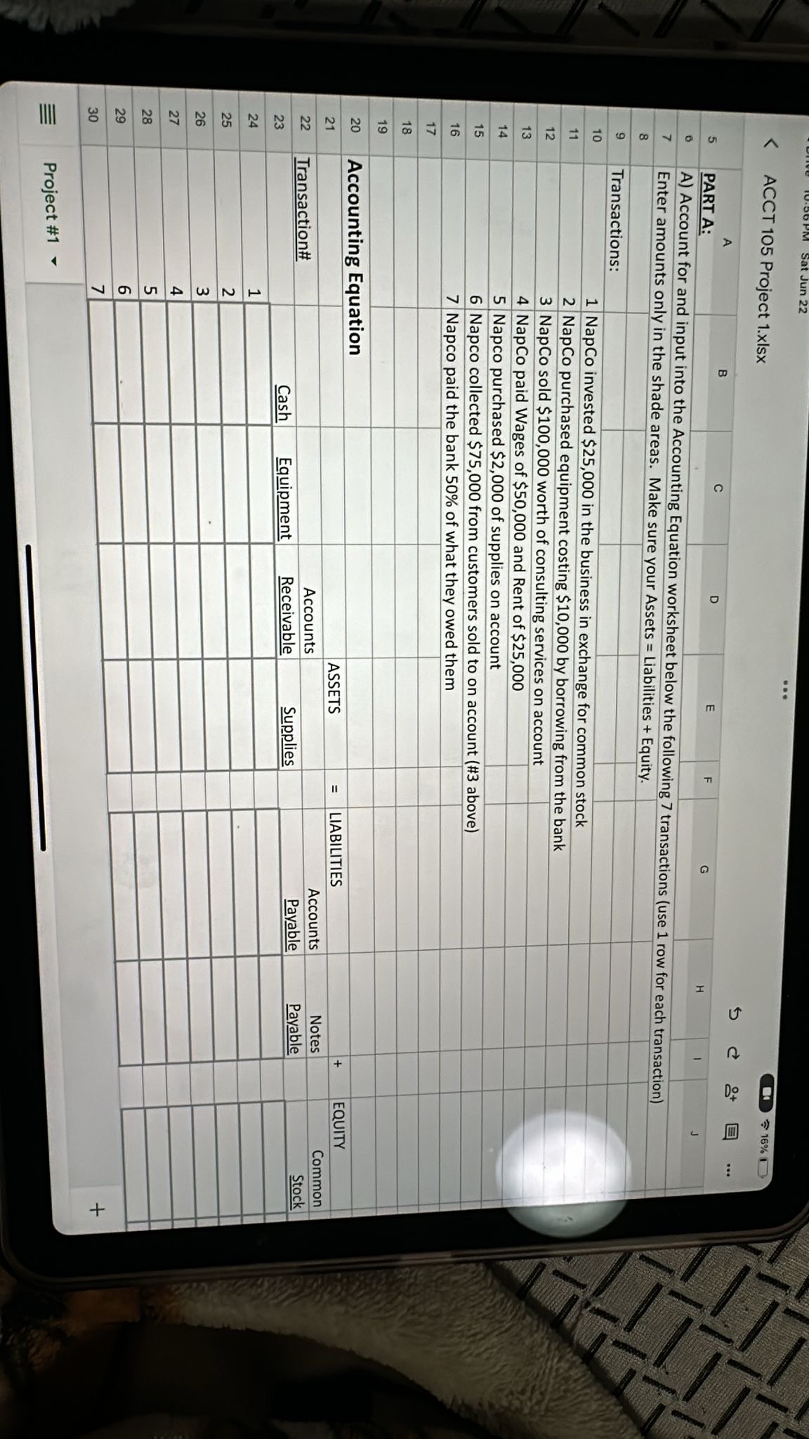 Solved ACCT 105 ﻿Project 1.xIsx16%Sat Jun 22 | Chegg.com