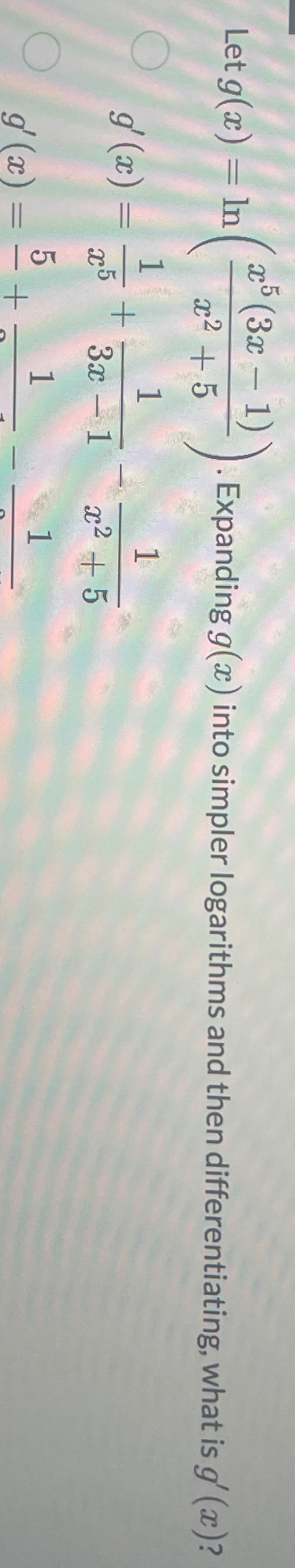 Solved Let g(x)=ln(x5(3x-1)x2+5). ﻿Expanding g(x) ﻿into | Chegg.com