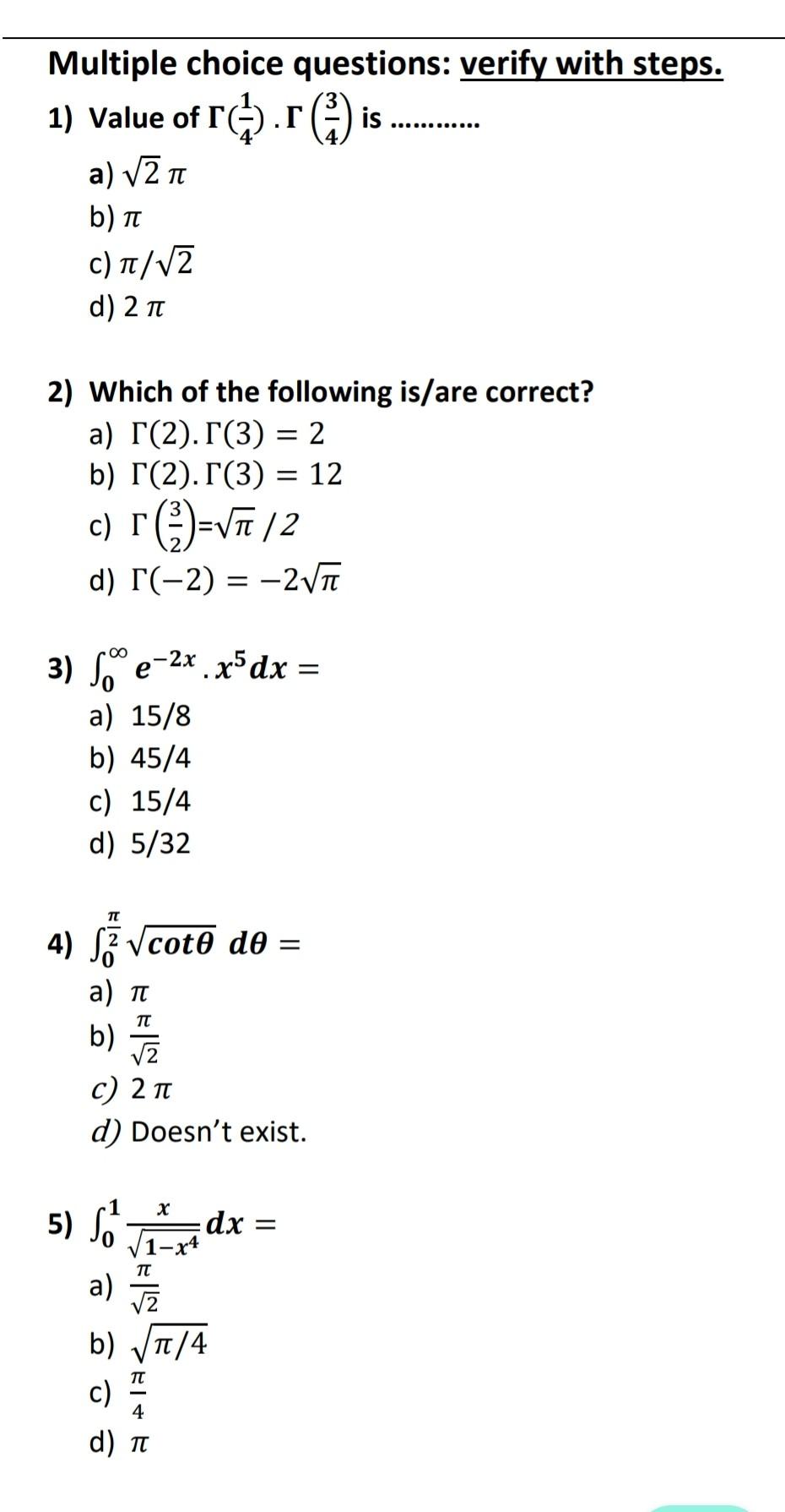 Solved Multiple choice questions: verify with steps. 1) | Chegg.com