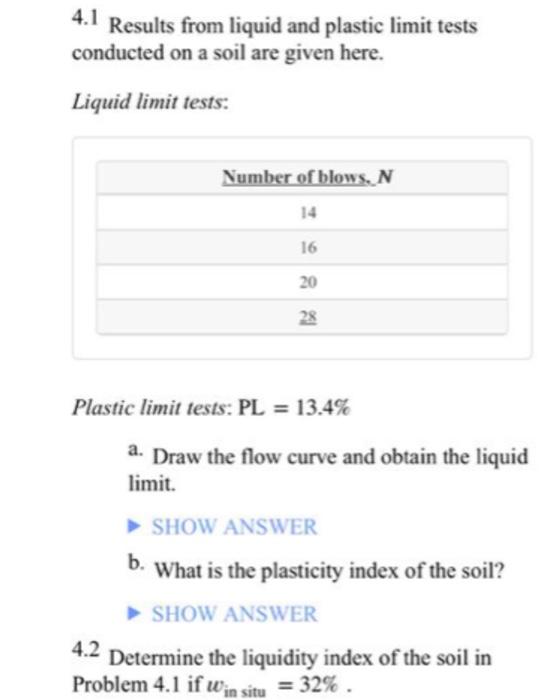 4.1 Results from liquid and plastic limit tests | Chegg.com
