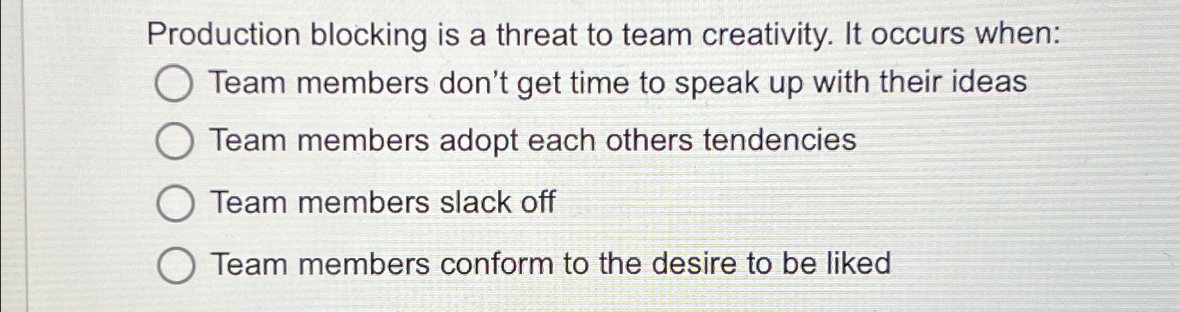 Solved Production blocking is a threat to team creativity. | Chegg.com