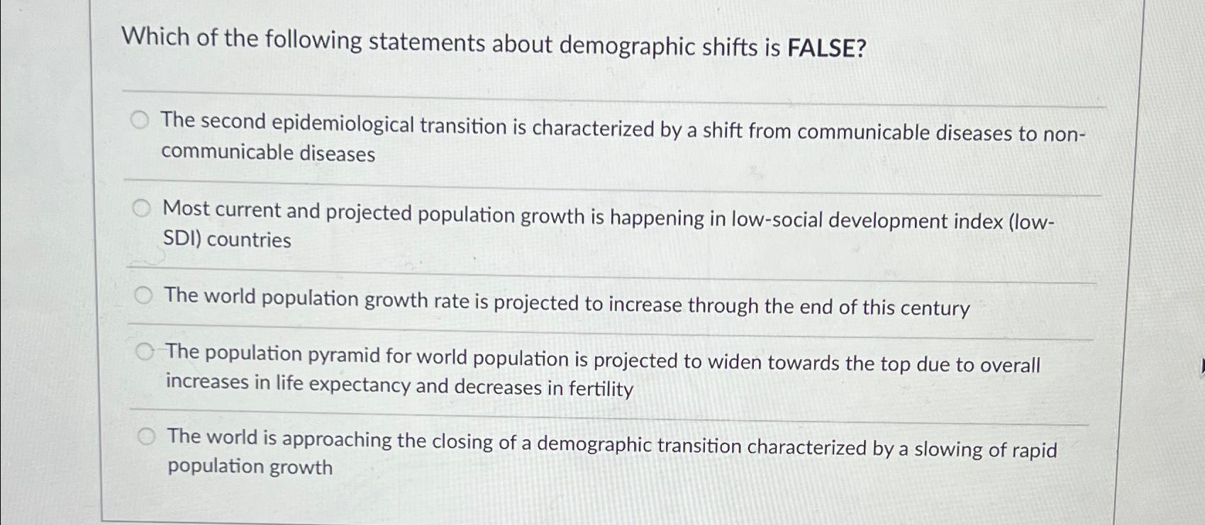 Solved Which of the following statements about demographic | Chegg.com