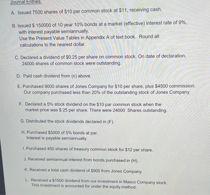 Solved Journal Entries A. Issued 7500 shares of $10 par | Chegg.com