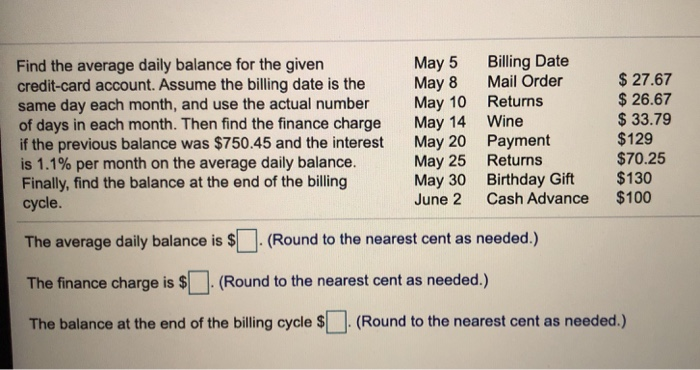 Solved Find the average daily balance for the given credit | Chegg.com