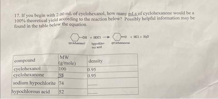 Solved 17. If you begin with 2.00 mL of cyclohexanol, how | Chegg.com