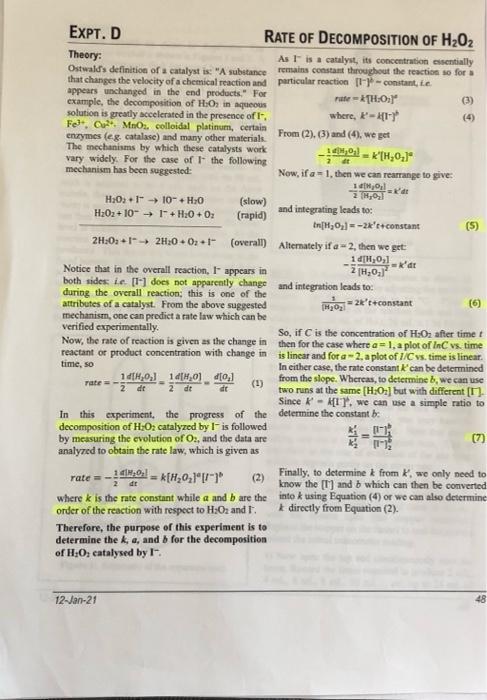 Solved 49,0al = K[H20:14 2012 EXPT.D RATE OF DECOMPOSITION | Chegg.com