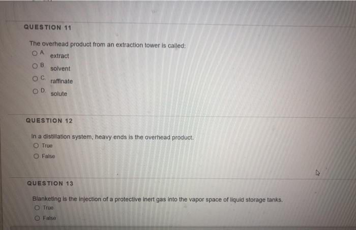 Solved QUESTION 11 The overhead product from an extraction | Chegg.com