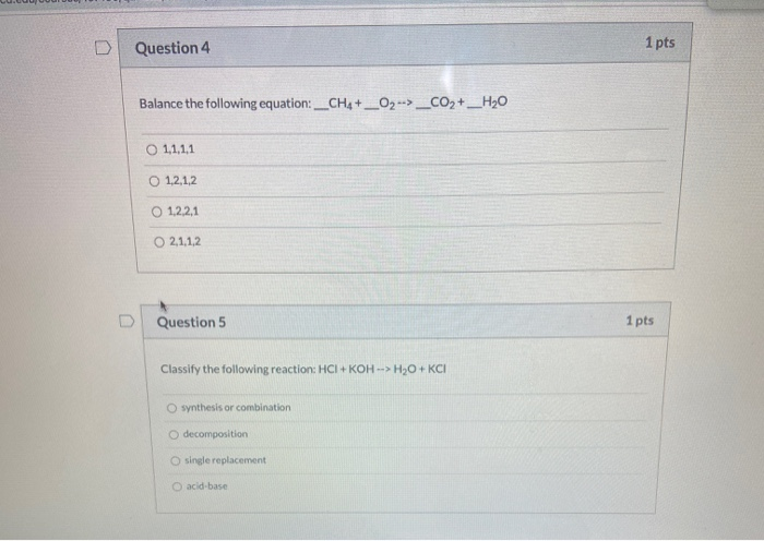 Solved Question 4 1 pts Balance the following equation: _CH4 | Chegg.com