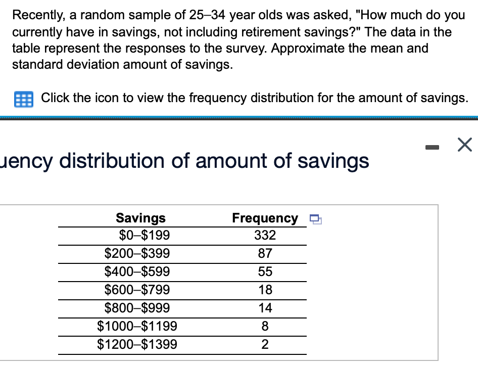 Solved the sample mean amount of savings is:the sample | Chegg.com