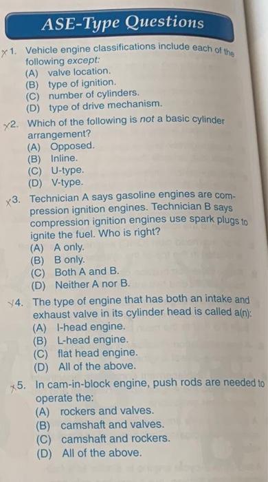 Solved ASE-Type Questions X1. Vehicle engine classifications | Chegg.com