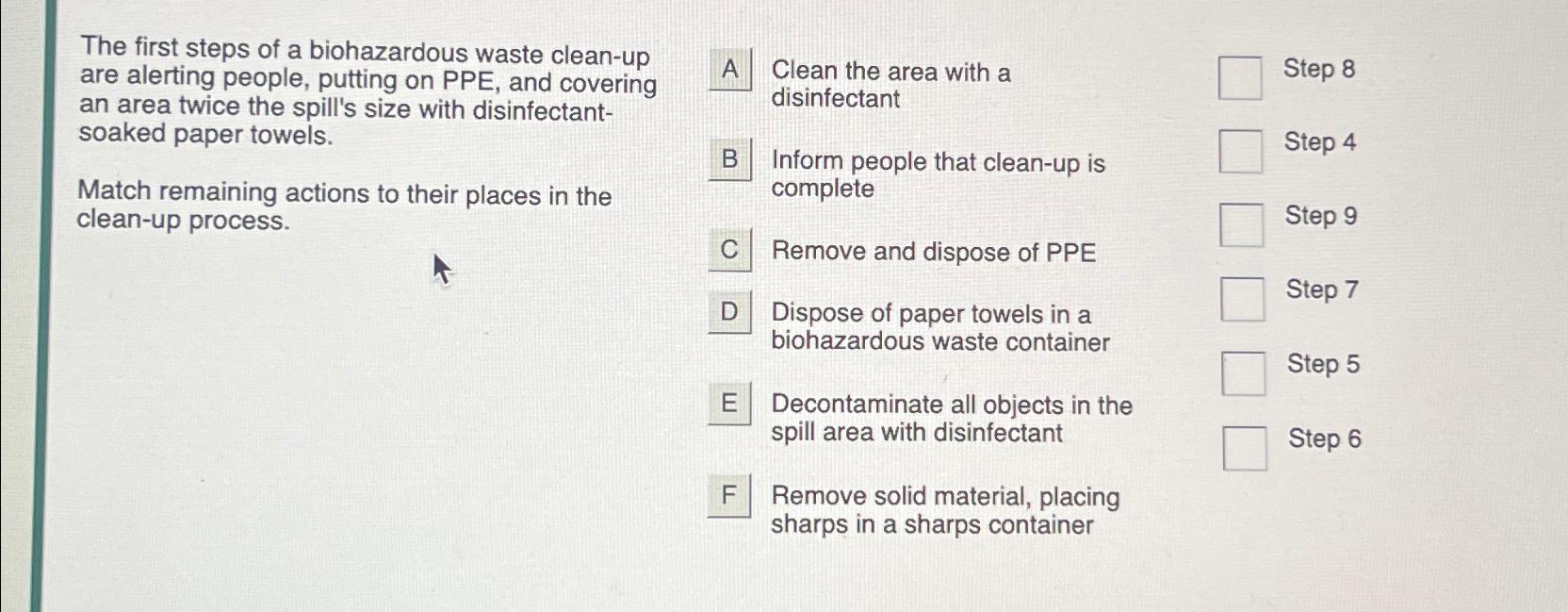 Solved The first steps of a biohazardous waste clean-up are | Chegg.com