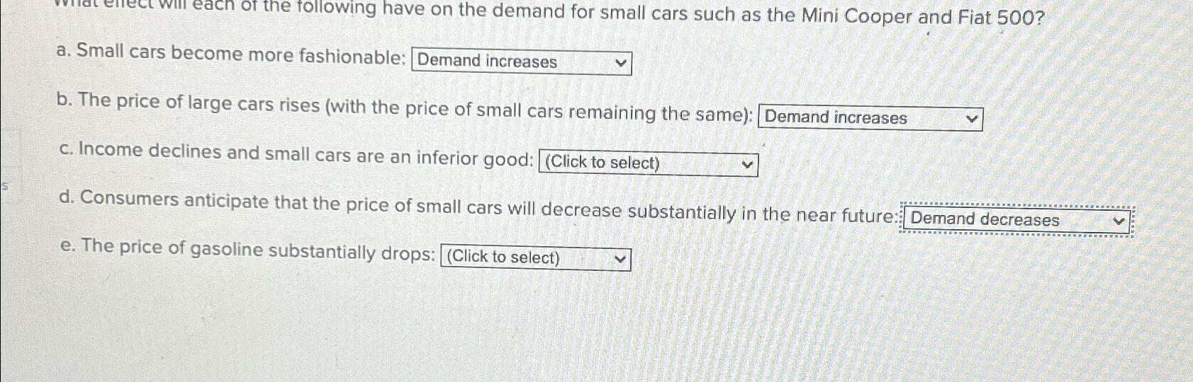 Solved a. ﻿Small cars become more fashionable:b. ﻿The price | Chegg.com
