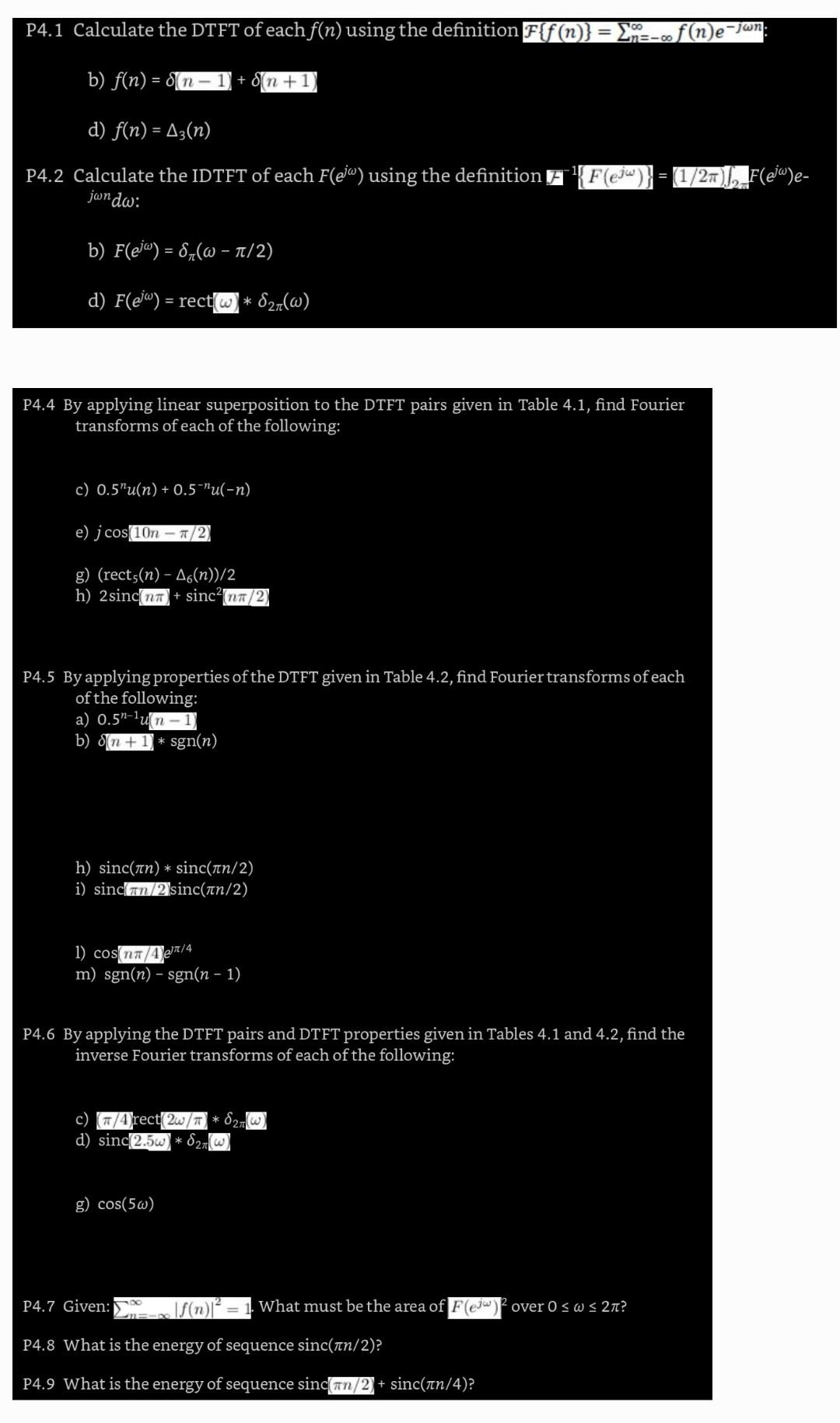Solved P4.1 Calculate the DTFT of each f(n) using the | Chegg.com