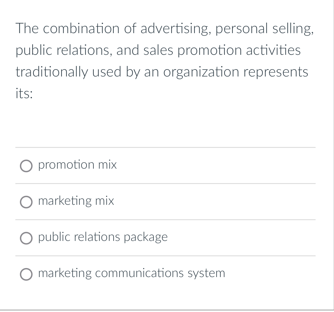 Solved The combination of advertising, personal selling, | Chegg.com