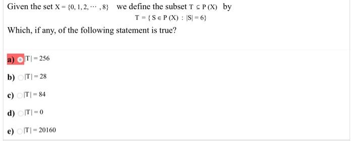 Solved Given the set X={0,1,2,⋯,8} we define the subset | Chegg.com