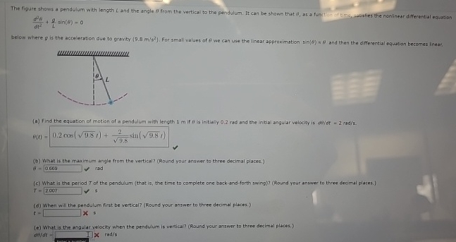 d2θdt2+gLsin(θ)=0belon where g ﻿is the acceleration | Chegg.com