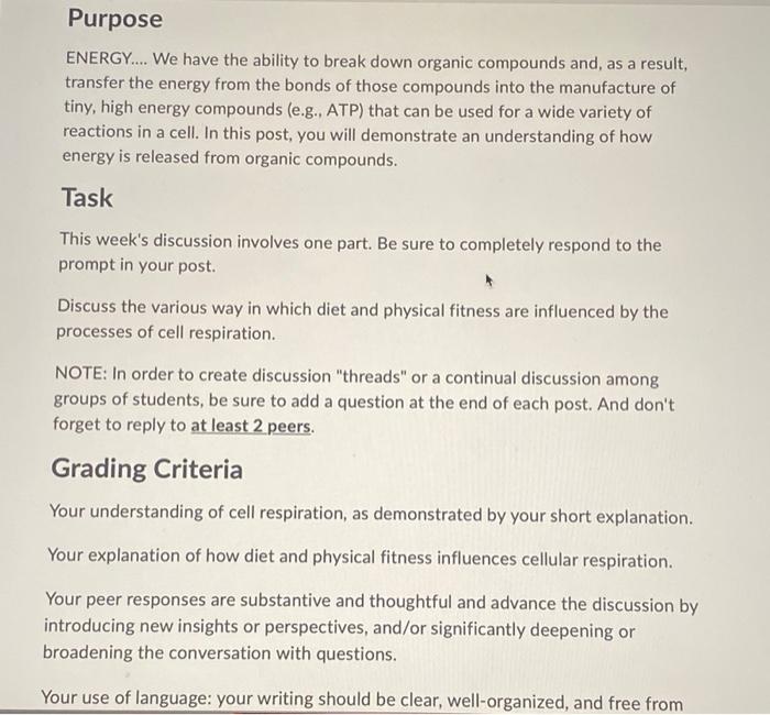 Solved Purpose ENERGY.... We have the ability to break down | Chegg.com