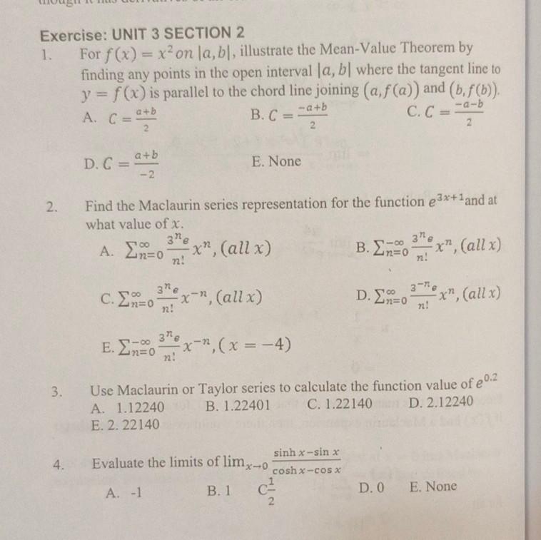 Solved Exercise: UNIT 3 SECTION 2 1. For f(x)=x2 on ∣a,b∣, | Chegg.com