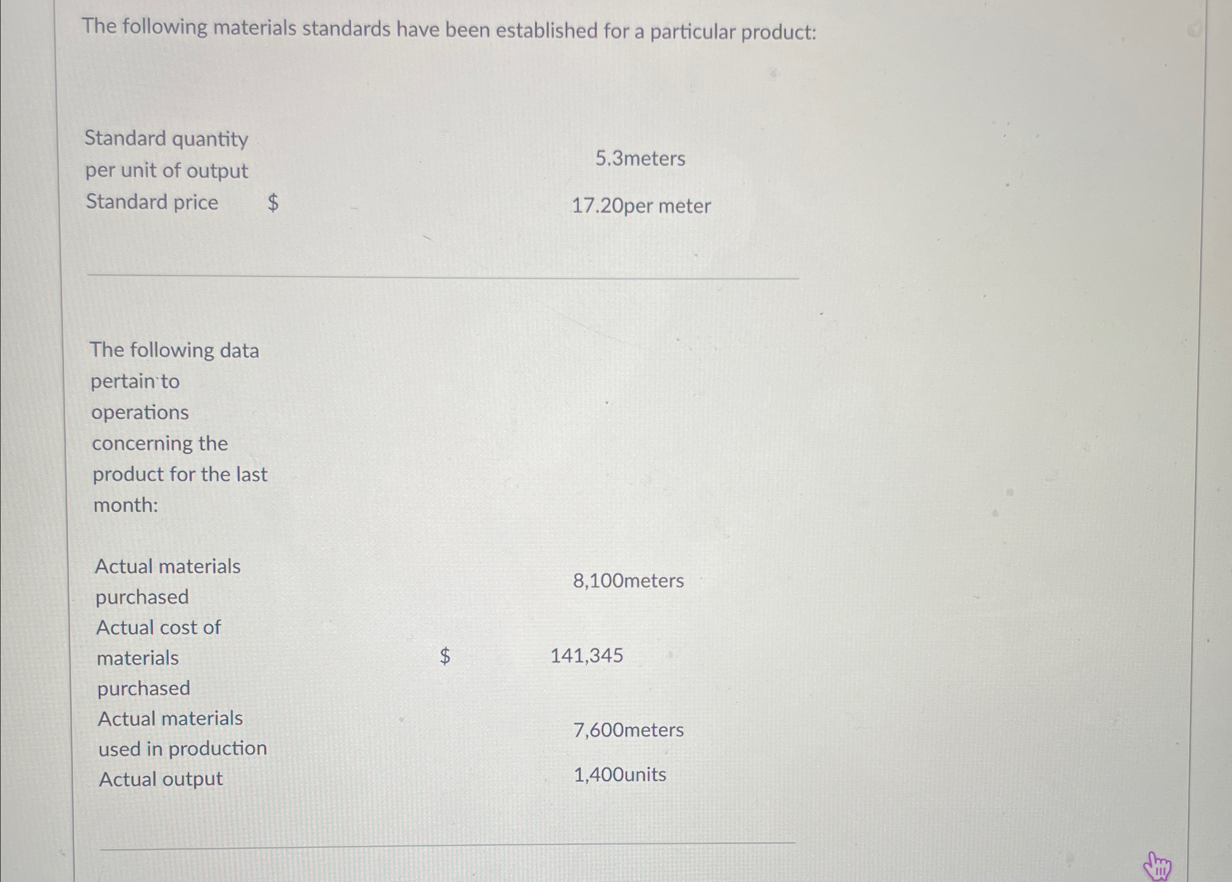 Solved The following materials standards have been | Chegg.com
