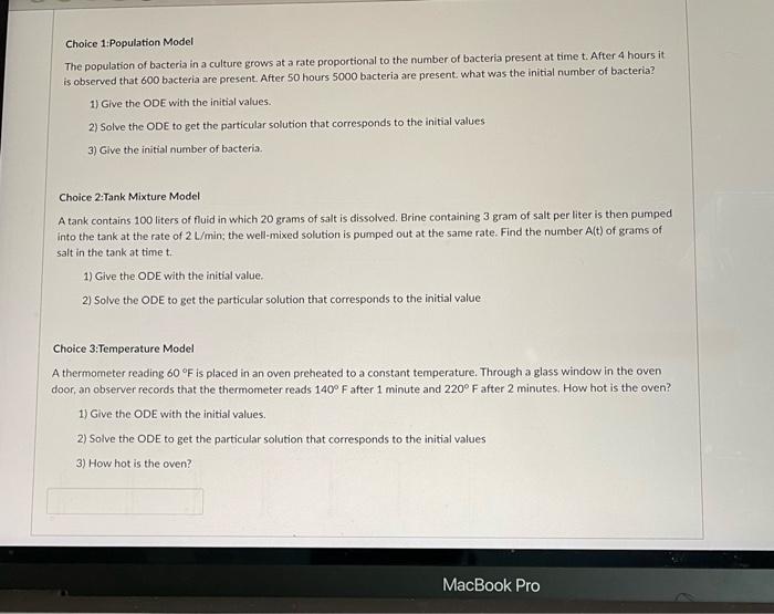 Solved Choice 1:Population Model The population of bacteria | Chegg.com